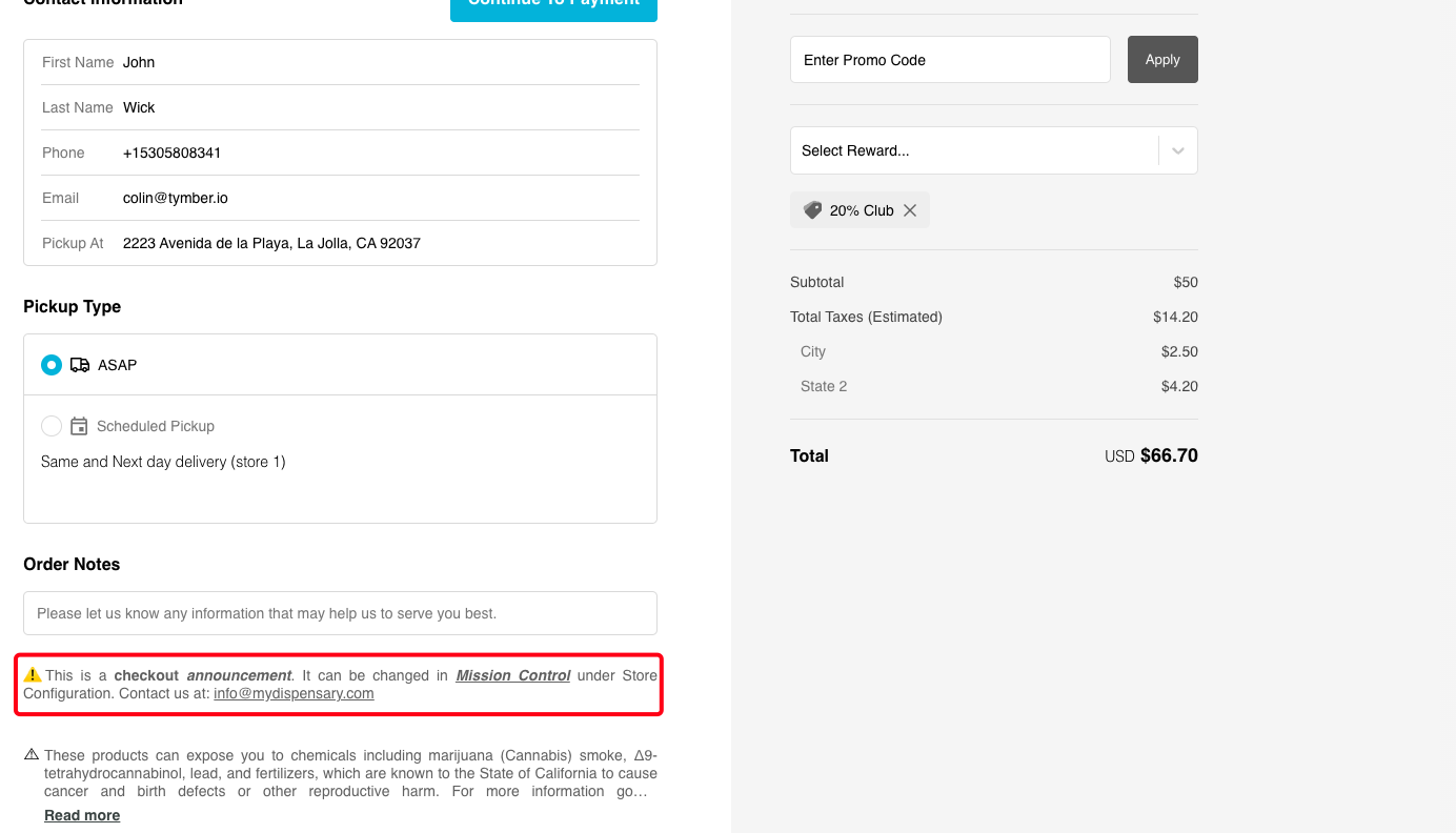 ECOM | Checkout Disclaimer Announcement